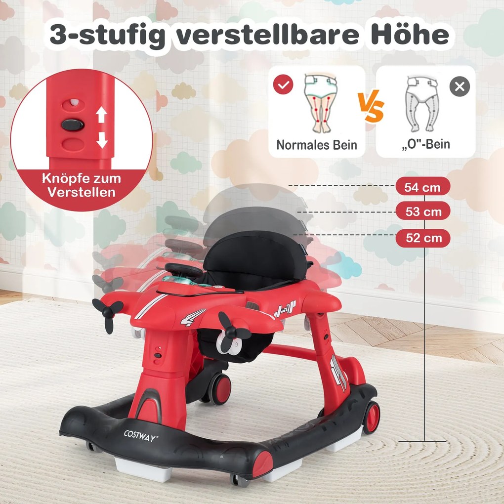 Costway Chodítko 6v1 s kolečky, dětské chodítko v motivu letadla