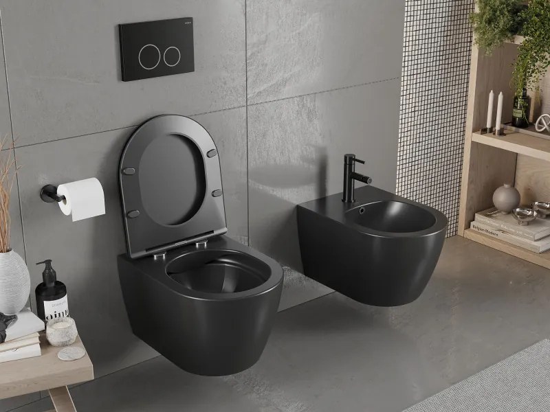 Mexen Carmen závěsné wc Rimless s toaletním Slim sedátkem z duroplastu, černá matná - 30881085