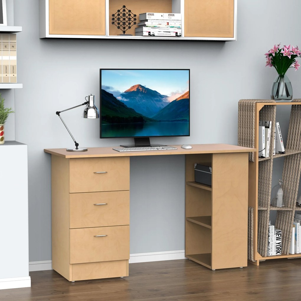 HOMCOM Stůl s úložným prostorem, Počítačový stůl 120 x 50 cm, Stůl s policemi a šuplíky, pro malé prostory, Ložnice, Světle dřevěný vzhled | Aosom