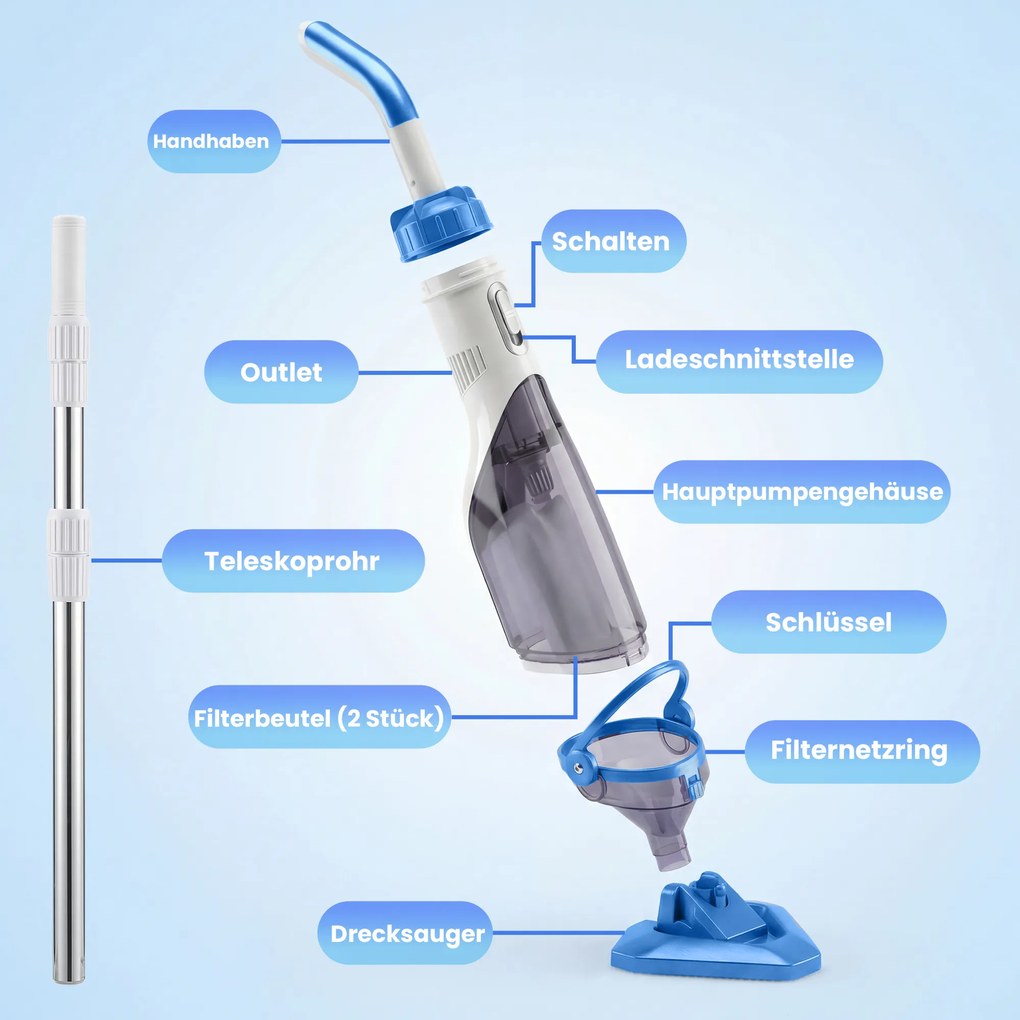 Bazénový čistič, akumulátorový bazénový vysavač s nastavitelnou rukojetí 63-150 cm a kartáčem pro malé bazény, vířivé vany a jezírka
