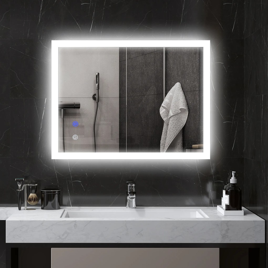 kleankin LED koupelnové zrcadlo, podsvícení, dotyková funkce, funkce paměti, proti zamlžení, 80 x 60 cm