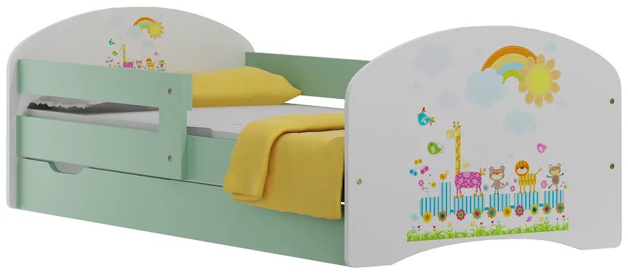 Dětská postel s motivem HAPPY ANIMAL  se zábranou Rozměr: 200x90, Matrace: bez matrace, Barevná kombinace: BÍLÁ/DUB SONOMA