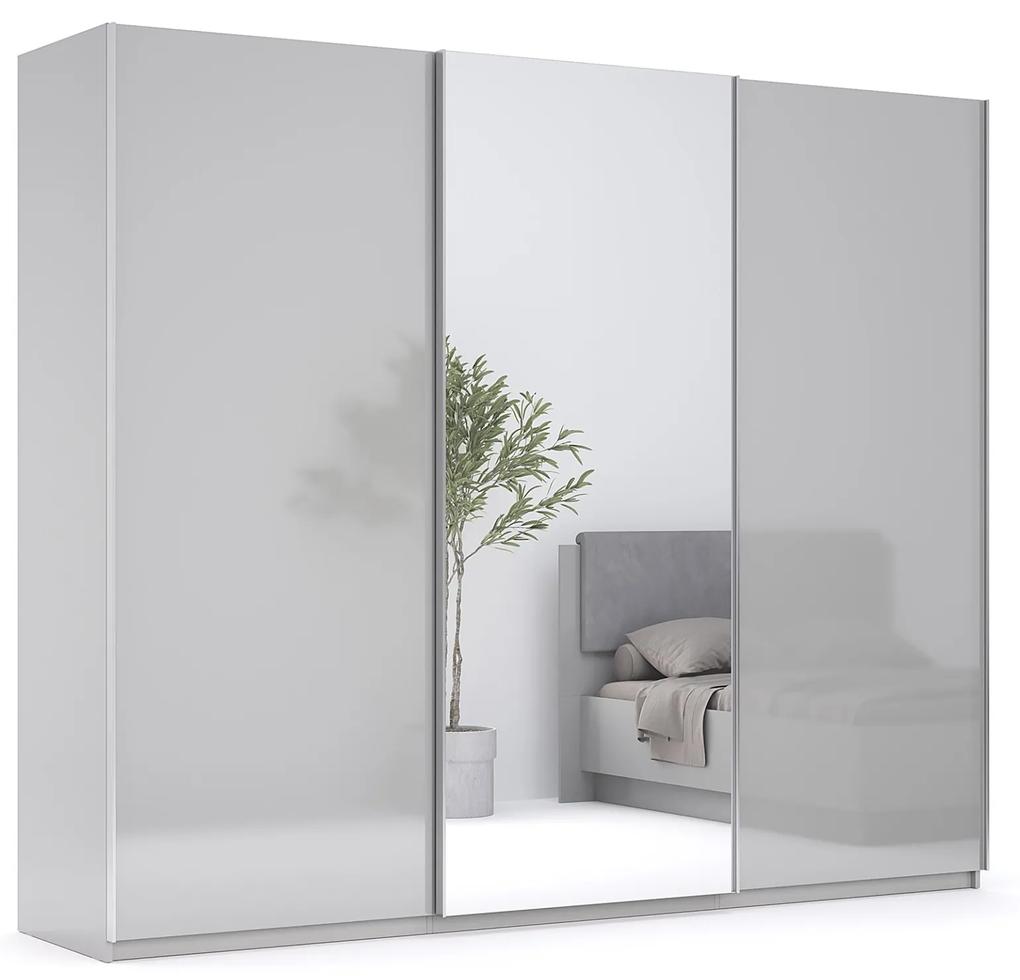 Šatní skříň Megy s posuvnými dveřmi a zrcadlem 250 cm Chinchilla šedá/lesklá šedá