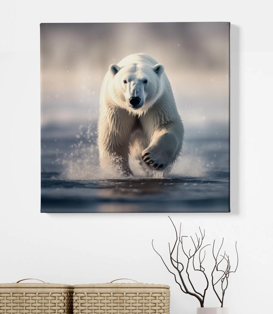 Obraz na plátně - Lední medvěd se řítí zimní řekou FeelHappy.cz Velikost obrazu: 100 x 100 cm