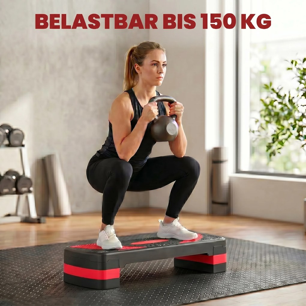 HOMCOM Aerobní stepper, výškově nastavitelné, pro vnitřní i venkovní použití, nosnost až 150 kg, 80 x 31 x 10-20 cm, Červený