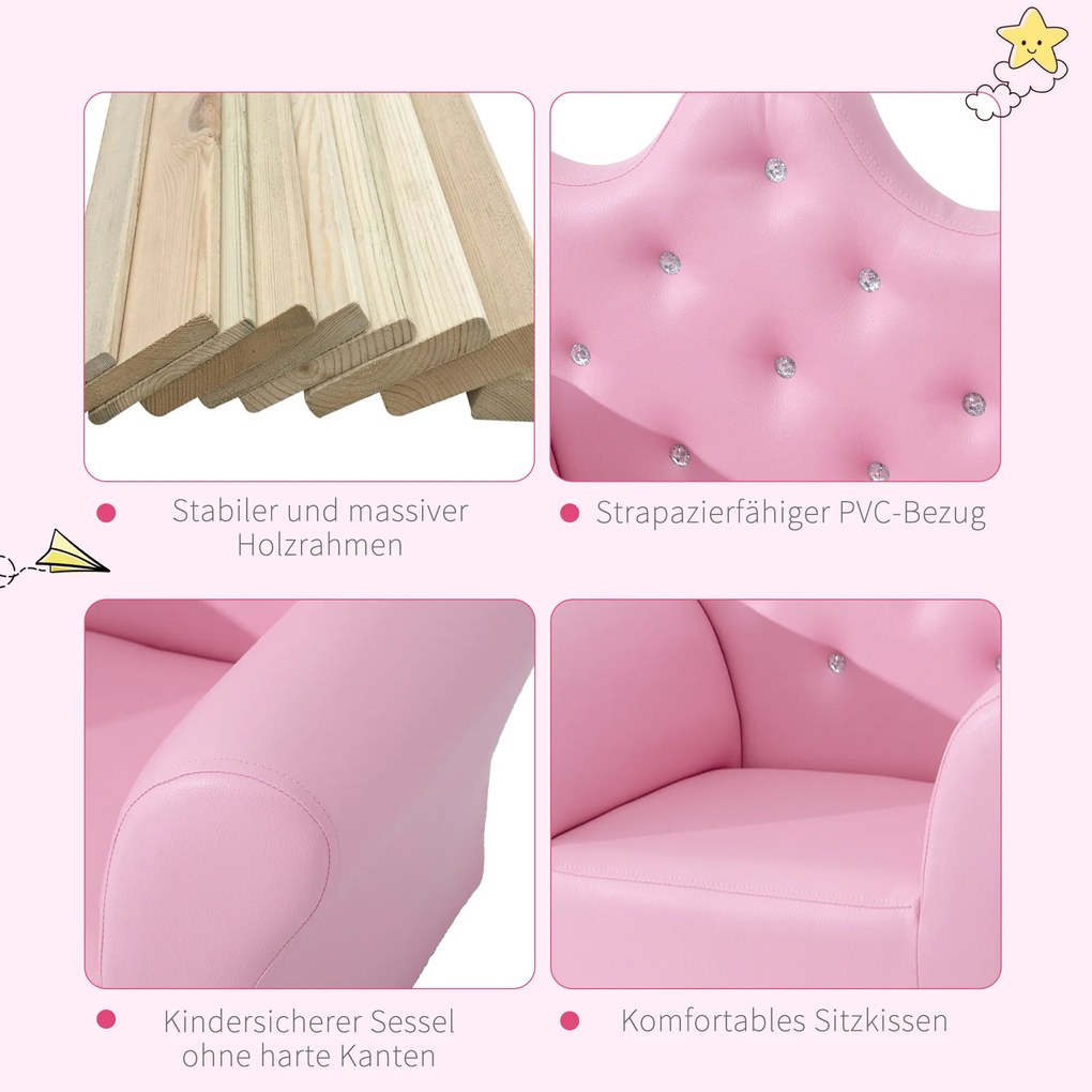 HOMCOM dívčí křeslo měkká pohovka s křišťálovými knoflíky taburet růžový útulný pro děti od 3 let 58x40,5x49cm