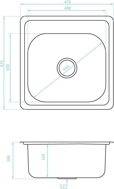 Kuchinox Standard, 1-komorový nerezový dřez 475x475x180 mm, hladký dekor, ocelová, LAV-SKS_010T