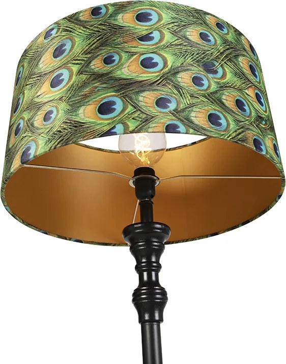 Stojací lampa černá s sametovým stínítkem Peacock Gold 50 cm - Classico