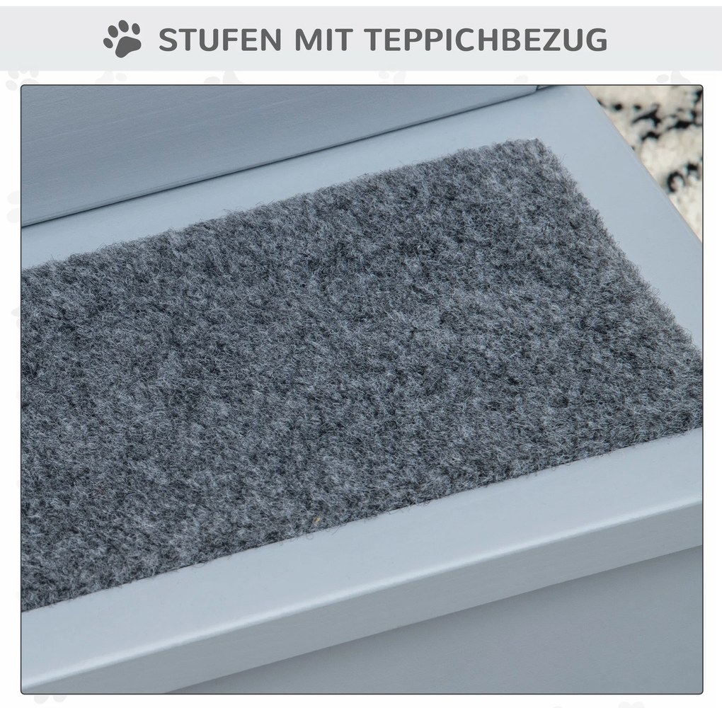 PawHut schody pro psy s 3 stupni a kobercem, úložný prostor, šedé, 40,5x44,5x38 cm pro malé psy a kočky