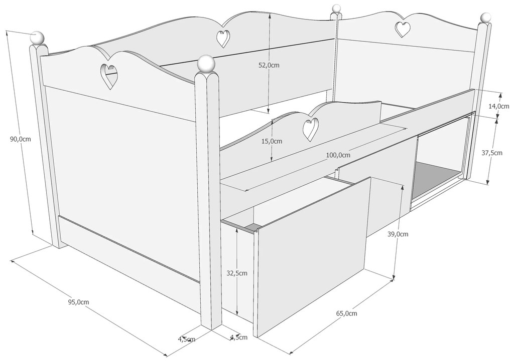 BabyBeds Dětská postel BELLA 200x90 srdíčka se třemi zásuvky Barevné provedení: Bílá Bílá