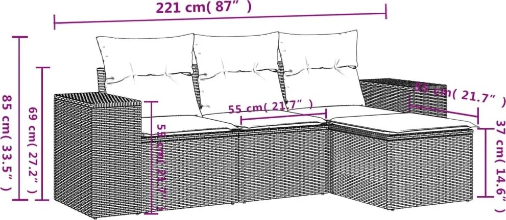 vidaXL 4dílná zahradní sedací souprava s poduškami polyratan [3254803] Barva: Šedá