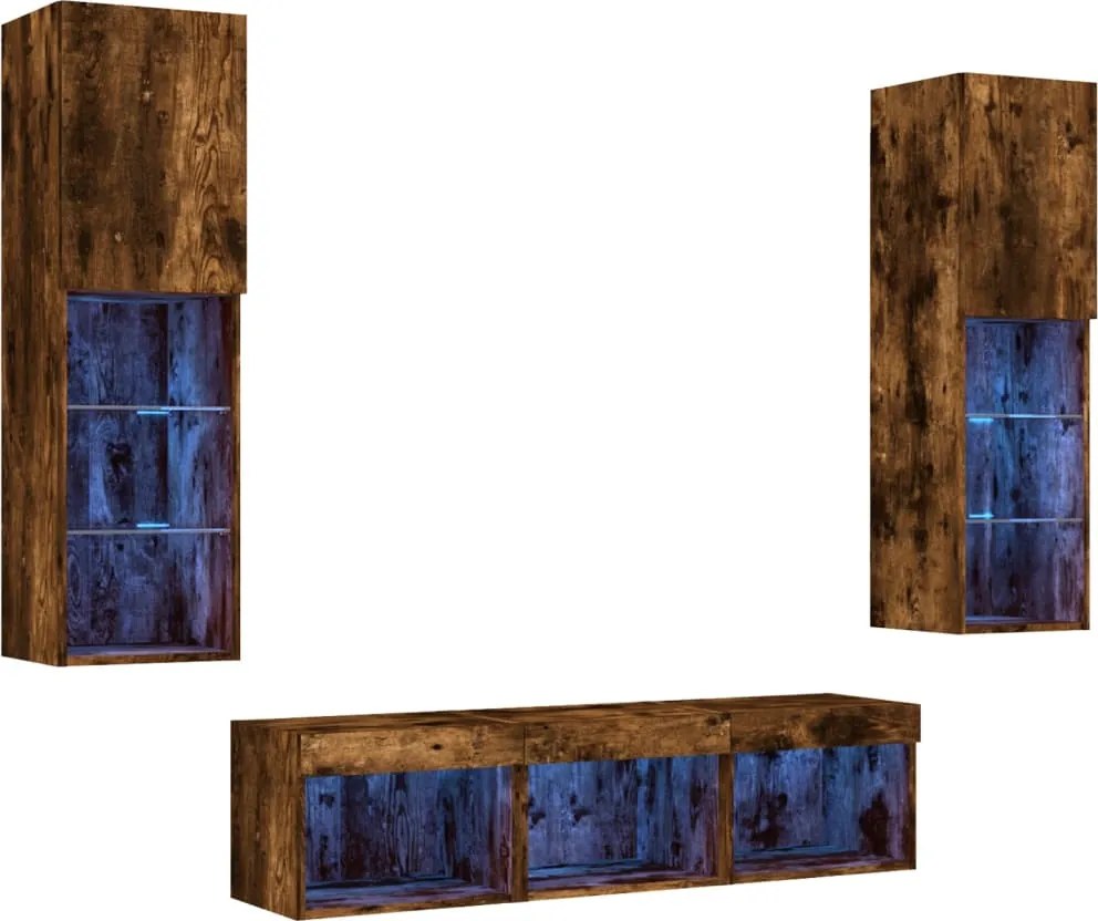 5dílná obývací stěna s LED kouřový dub kompozitní dřevo 3216608