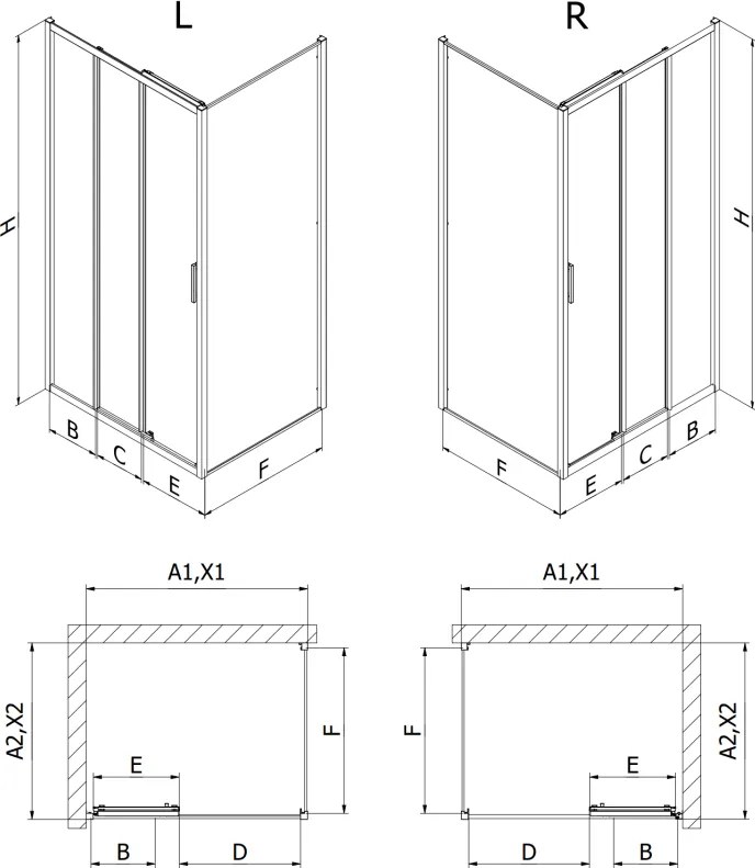 Mexen Exo, posuvná sprchová kabina, dveře 85 cm + boční stěna 95 cm, transparentní sklo, chrom, 8153-085-095-01-00