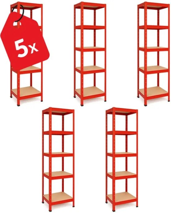 Akce 5x Regál 180x40x40 cm lakovaný 5-policový, nosnost 875 kg - červený