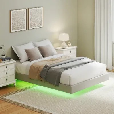 HOMCOM visutý rám postele 140 x 190 cm s LED osvětlením, čalouněná dvoulůžková postel v lněném vzhledu, dřevěný lamelový rošt, béžová