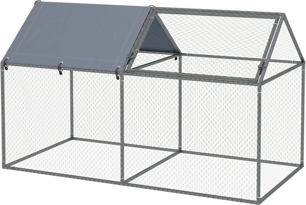 PawHut Malá Kotec pro Hlodavce s Ocelovou Konstrukcí, 1 Vrchními Dveřmi a 1 Fólií proti UV, pro Venkovní Zahradu 198x100x120 cm Stříbrná