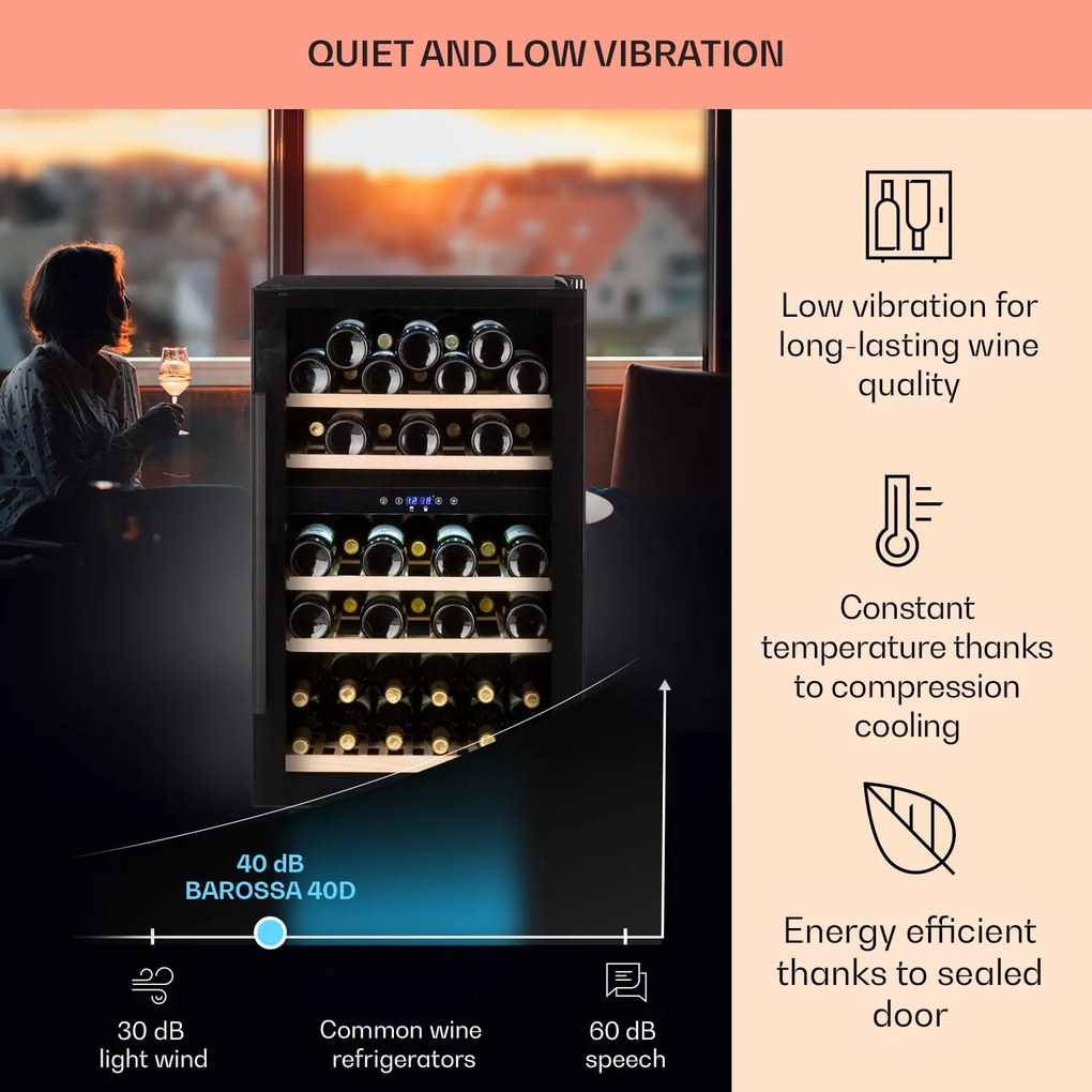 Klarstein Barossa 40D, vinotéka, 135 l/41 lahví, 2 zóny, skleněné dveře, dotykové ovládání