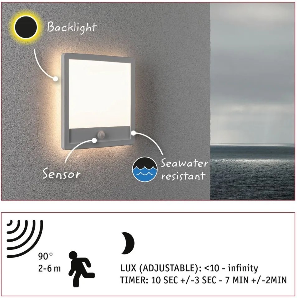 P 94663 LED venkovní panel Lamina vč. pohybové čidlo IP44 hranaté 250x250mm 3000K 14,5W 230V bílá umělá hmota - PAULMANN