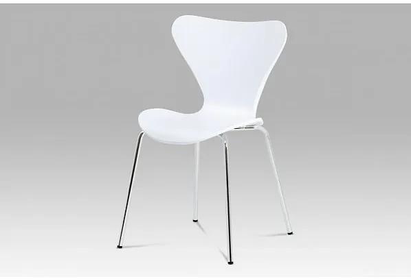 Jídelní židle bílý plast s imitací dřeva / chrom
