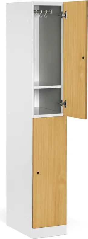 Šatní skříňka S1 s úložnými boxy, 2 boxy, 1850 x 300 x 500 mm, cylindrický zámek, laminované dveře, bříza