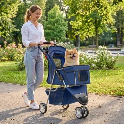 PawHut skládací kočárek pro malé psy do 10 kg se 3 koly, stříškou, košíkem, síťovým okénkem, držákem na nápoje, tmavě modrý