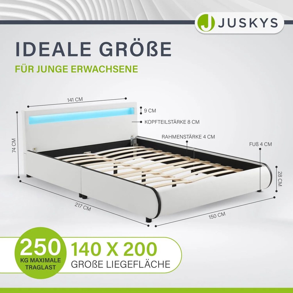Juskys Čalouněná postel Sevilla s LED osvětlením Barva: tmavě šedá, Velikost: 140 × 200 cm