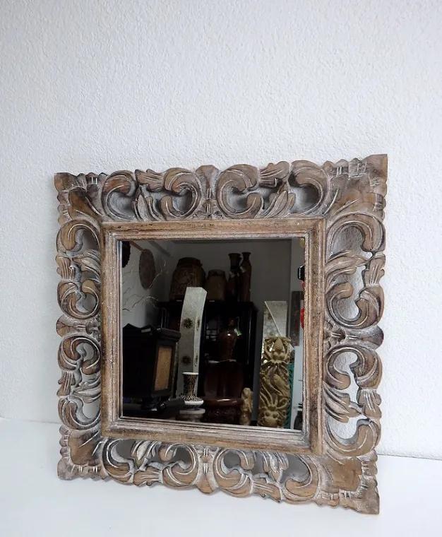 Zrcadlo hranaté hnědé, 50x50 cm, dřevo, ruční práce
