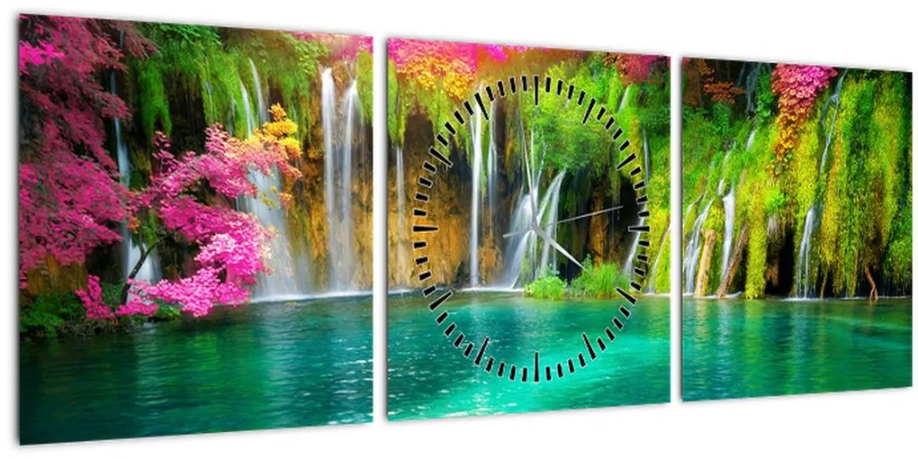 Obraz - Vodopád, Plitvická jezera, Chorvatsko (s hodinami) (90x30 cm)
