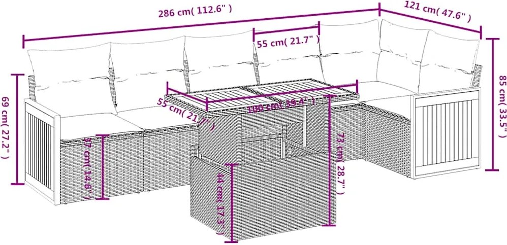7dílná zahradní sedací souprava s poduškami černá polyratan 3273967