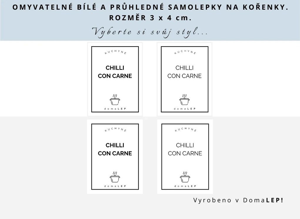 CHILLI CON CARNE - Samolepka na kořenky 3 x 4 cm - DomaLEP varianta: BÍLÁ - tučné písmo