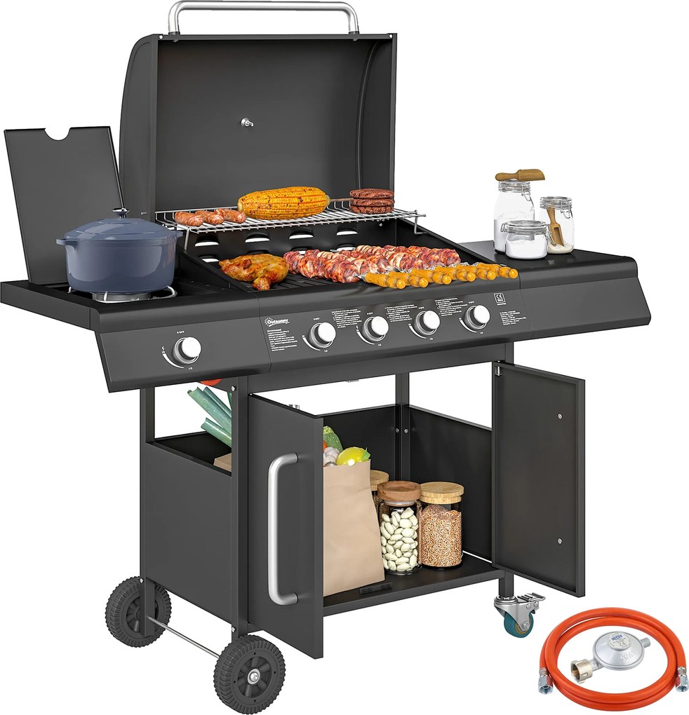Outsunny Plynový gril 15,2 KW, grilovací vozík včetně 5 nerezových hořáků, kolečka, boční vařič, 129,5 x 56 x 110 cm, černá