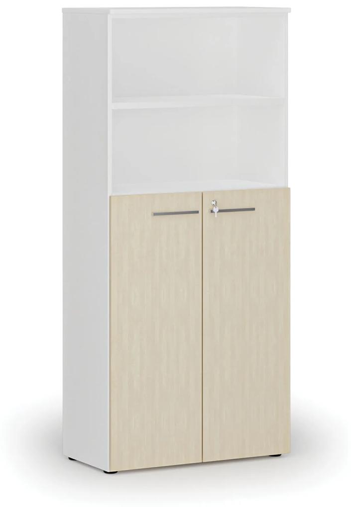 Kombinovaná kancelářská skříň PRIMO WHITE, dveře na 3 patra, 1781 x 800 x 420 mm, bílá/třešeň