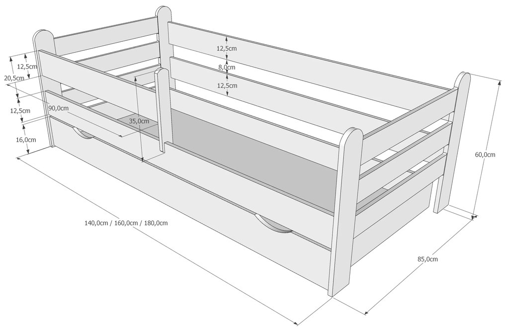 BabyBeds Dětská postel RYSIO Velikost postele: 160x80 cm, Barevné provedení: Modrá, Úložný prostor: Ne, bez úložného prostoru Bílá