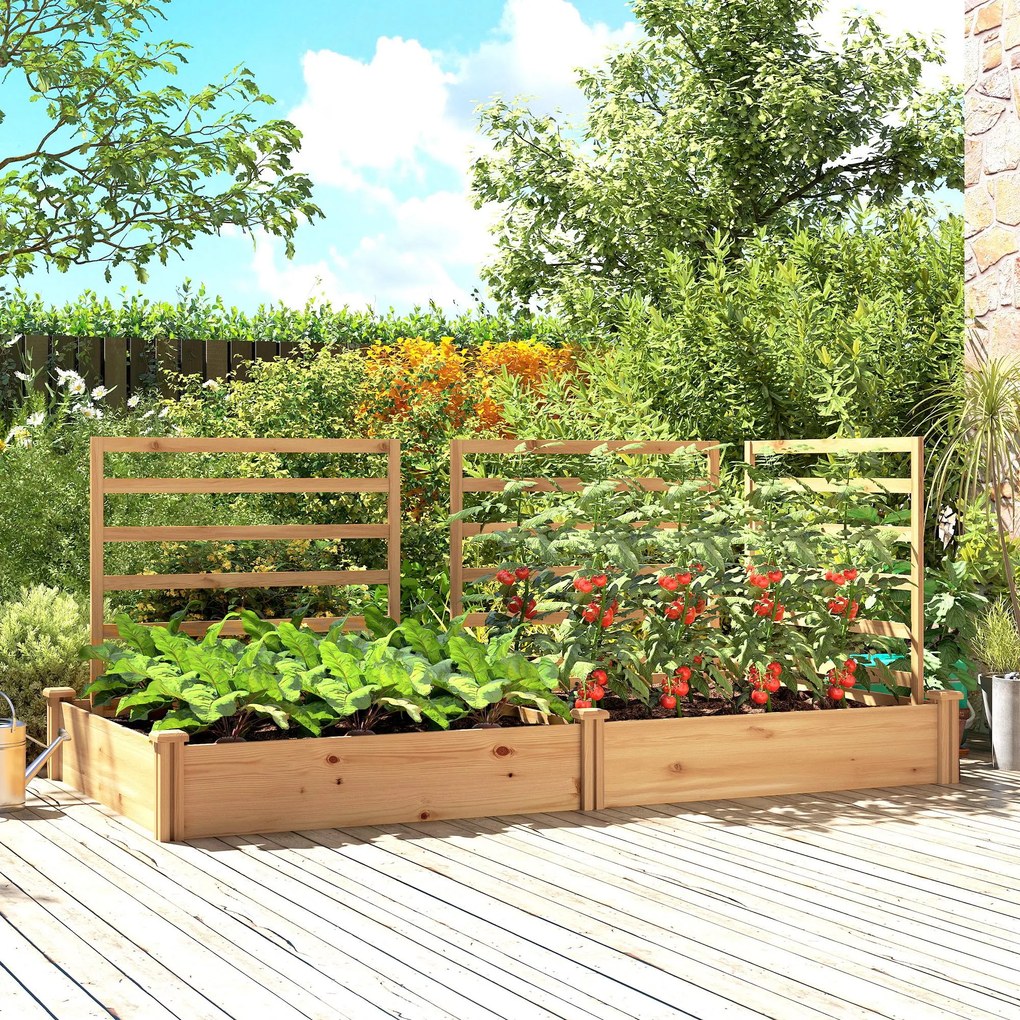 Outsunny vyvýšený dřevěný truhlík s 3 mřížemi, dvojitý záhon a otevřené dno — 240 x 125 x 102 cm — přírodní borovice