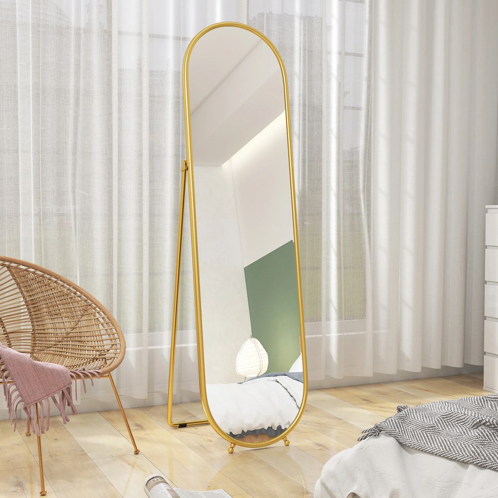 HOMCOM oválné celoformátové volně stojící zrcadlo, 50 × 180 cm — nerozbitné sklo, kovový rám a stojan, zlaté — do ložnice, obýváku, předsíně