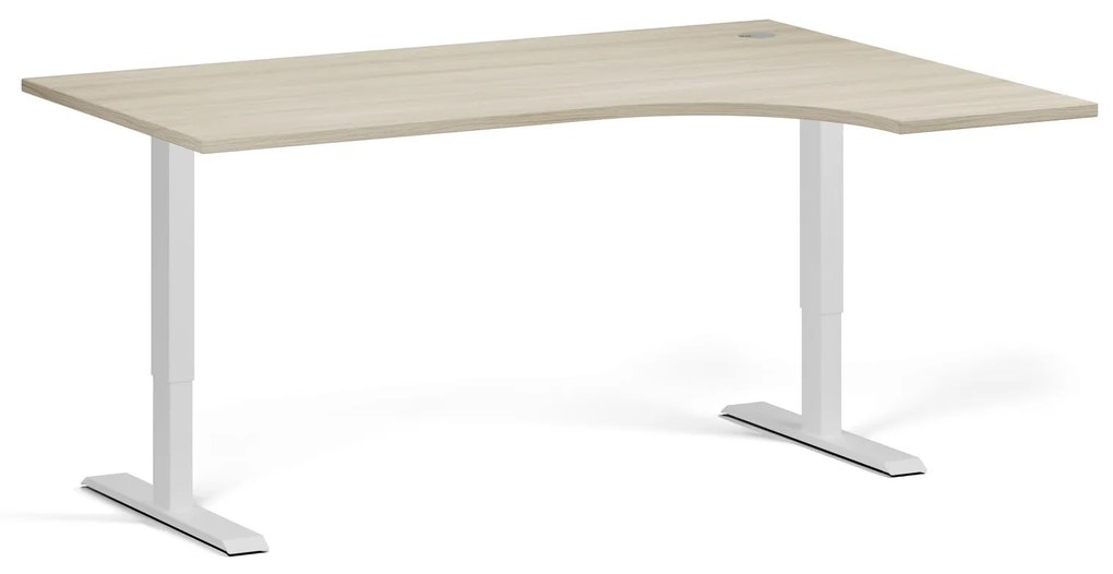 Rohový výškově nastavitelný stůl, 160x120 cm, 1 motor, L/P, bílá podnož, dub přírodní