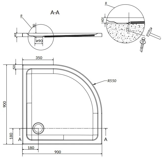 Cersanit TAKO sprchová vanička 90x90x4 cm, čtvrtkruhová, bílá, S204-002