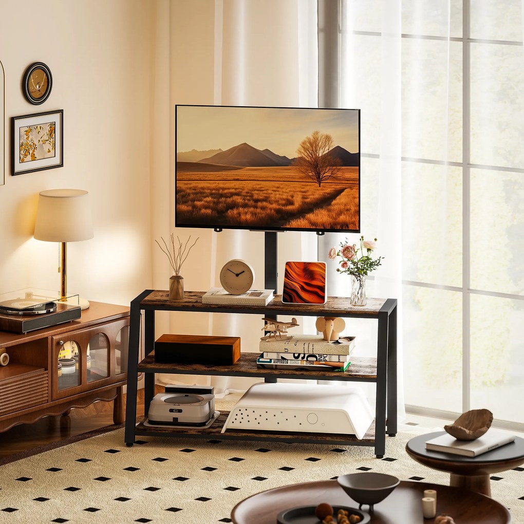 HOMCOM TV nábytek s držákem pro televizory od 81,3–177,8 cm, otevřené police, nastavitelný úhel 35°, 108x41x135 cm, hnědý