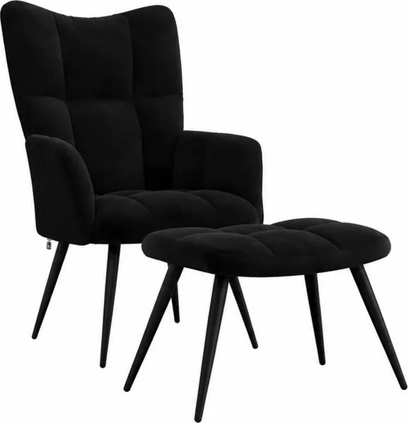 křeslo relaxační, s podnožkou, odpočinkové, ušák, kov/samet, 98x63x69 cm, černá/černá, Dekorino KR20260018