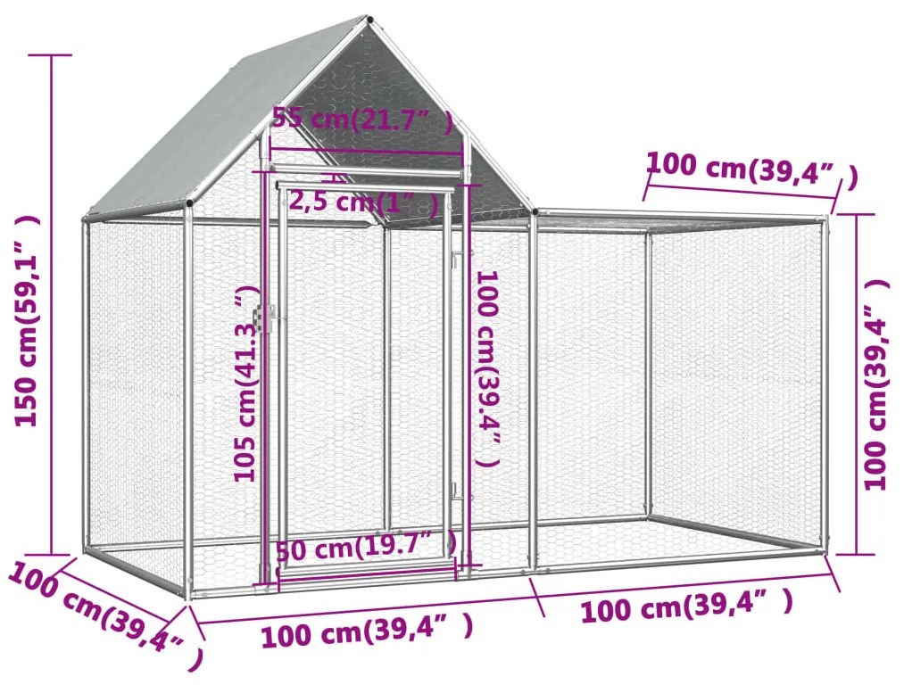 vidaXL Marketos Klec pro kuřata 2 x 1 x 1,5 m pozinkovaná ocel