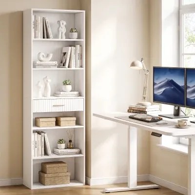 HOMCOM knihovna se 7 patry, 6 otevřenými přihrádkami a vlnitou zásuvkou, moderní, 60 x 24 x 182 cm, bílá