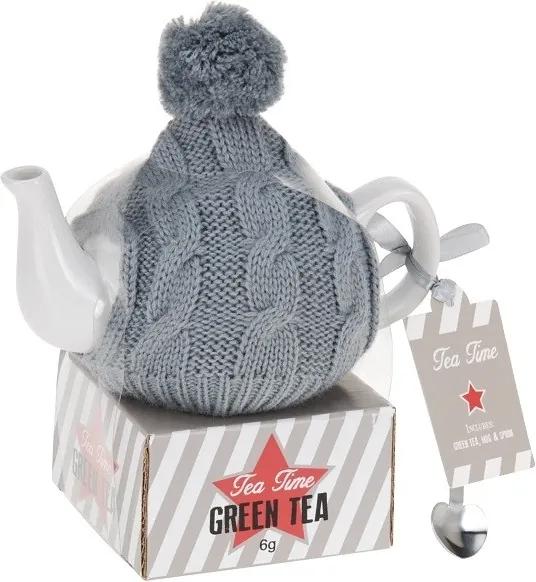 Konvice na čaj v pletené čepici s balíčkem čaje vánoční edice šedá
