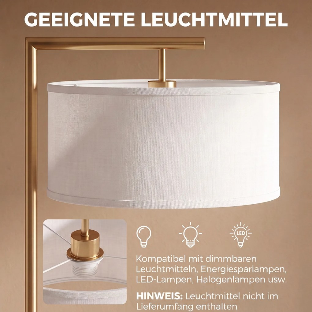 HOMCOM Stojací lampa s paticí E27 Stojací lampa do obývacího pokoje ložnice kancelář, kov ocel plátno zlatá bílá 47x37x153 cm | Aosom.de