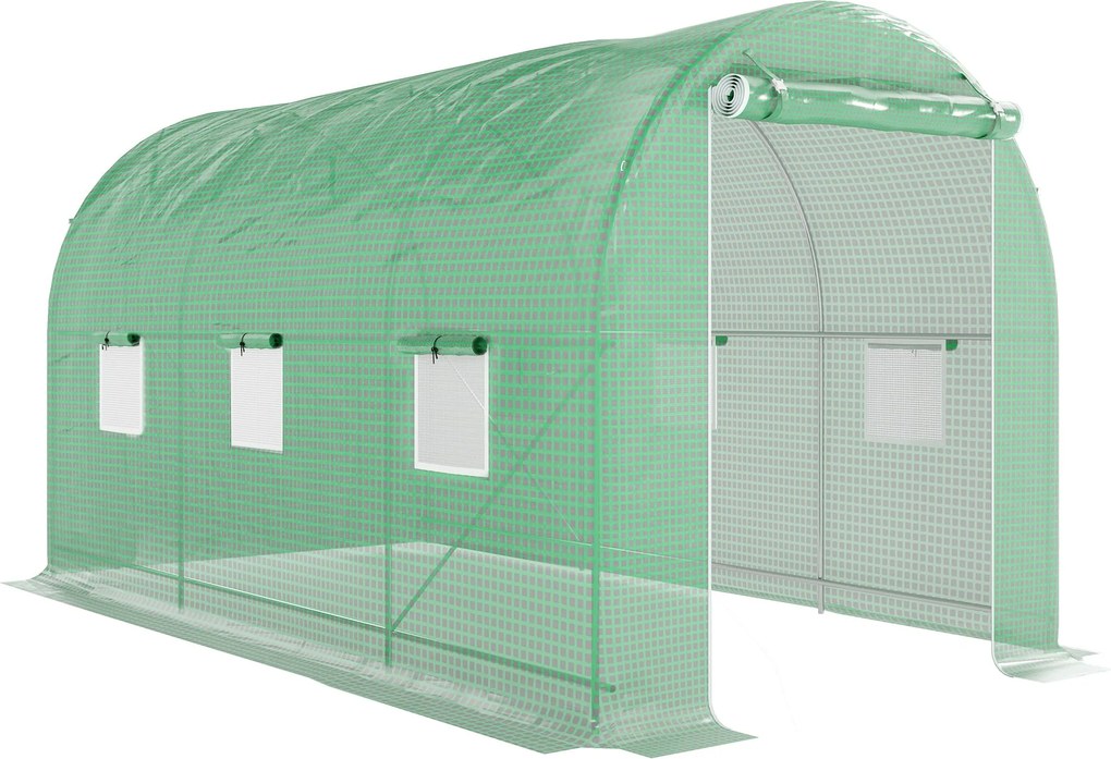 Tunnlový skleník Outsunny 400x200x205 cm se zvedacími dveřmi a 6 okny, PE potah 140 g/m², kovový rám pro pěstování rostlin a zeleniny | Aosom
