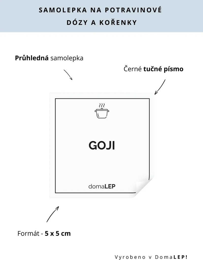 GOJI – průhledná samolepka na dózu, tučné písmo, 5 x 5 cm | DomaLEP