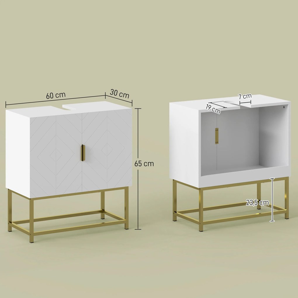 Kleankin Skříňka pod umyvadlo Koupelnový nábytek Moderní skříňka s 2 dveřmi a zlatými ocelovými nohami 60x30x65 cm Bílá
