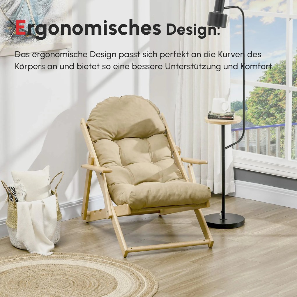 HOMCOM Relaxační křeslo skládací čalouněné křeslo, polohovací křeslo, relaxační křeslo, jídelní židle se vzhledem lnu do obývacího pokoje, bukové dře…