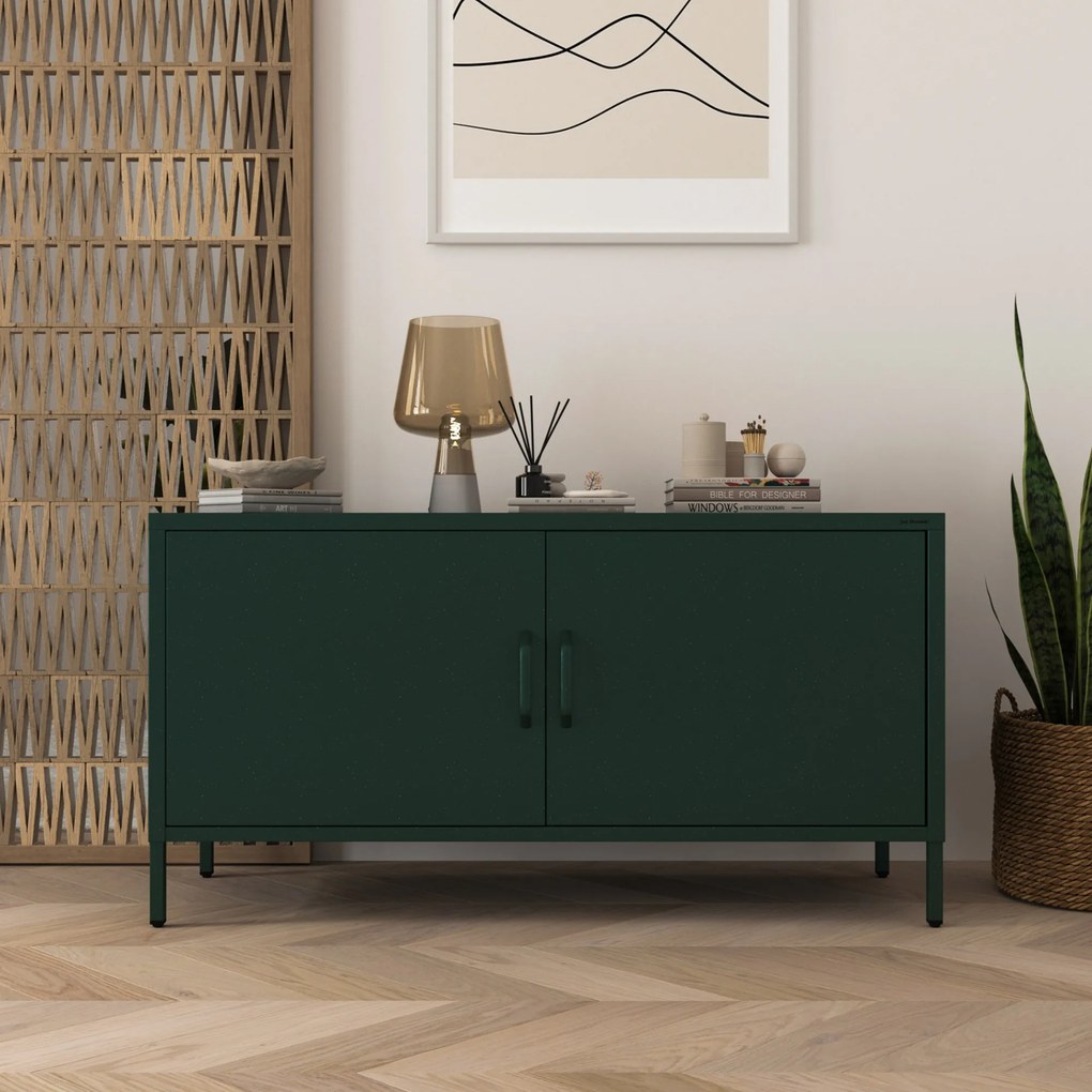 TV skříňka kovová na nožičkách lahvově zelená, 1150x595x400 mm: ROSA Modern