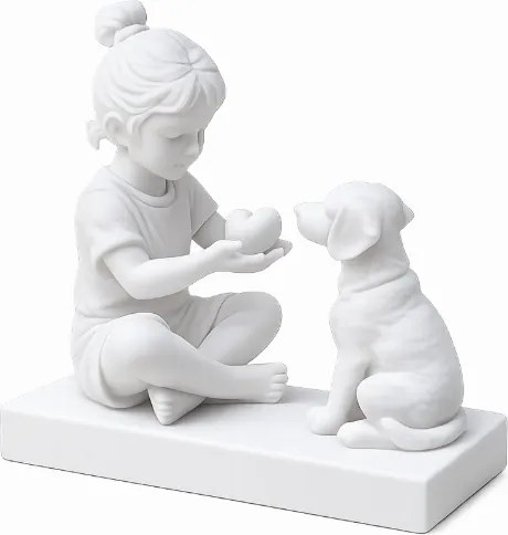 soška, dekorativní, holčička a pes, 7x7 cm, pryskyřice, barva bílá, Dekorino SF20260012
