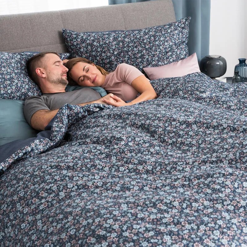 SCANquilt povlečení SATÉN DESIGN kvítka+proužky tmavě modrá 140 x 220/70 x 90 cm